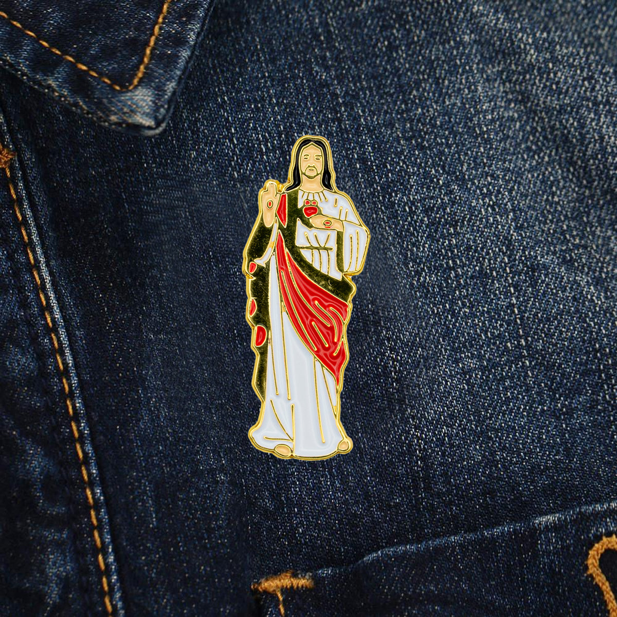 Catholic Town Sacred Heart of Jesus Lapel Pin, Small Gold Tone with Co